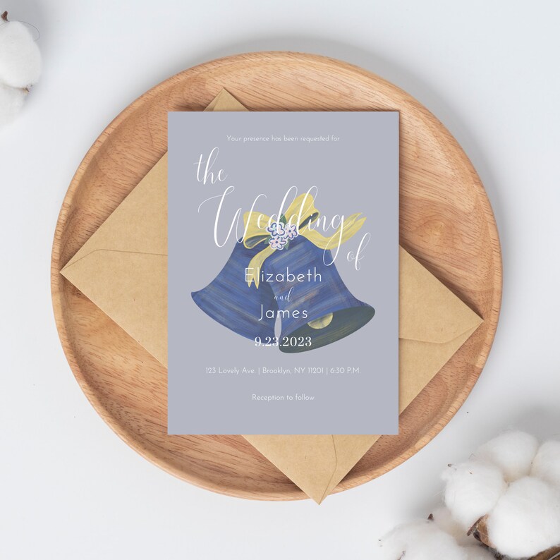 Modern Blue Wedding Bells Wedding Invitation Template, Blue Wedding ...