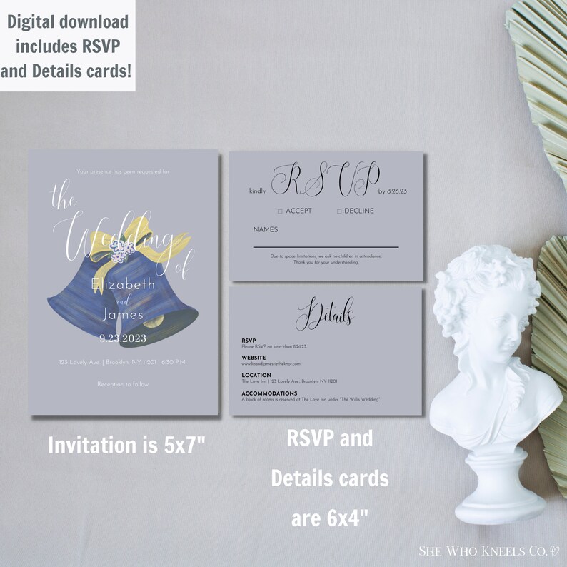 Modern Blue Wedding Bells Wedding Invitation Template, Blue Wedding ...