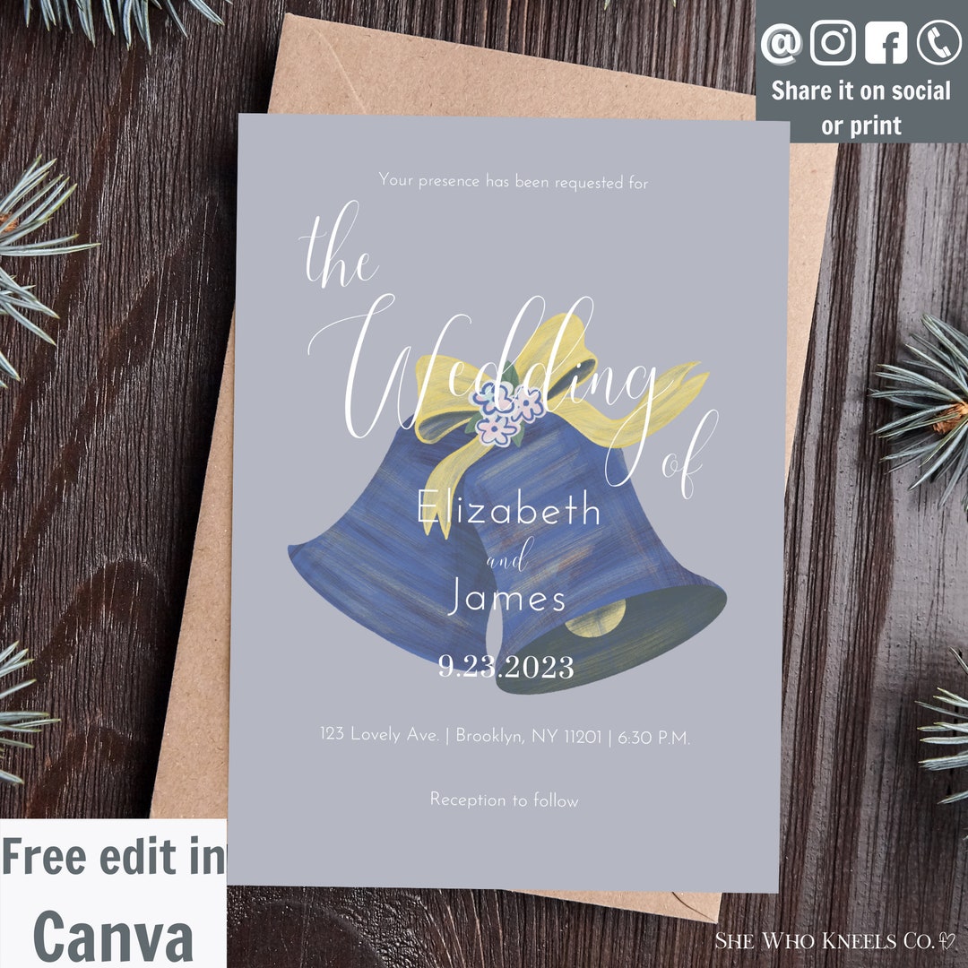 Modern Blue Wedding Bells Wedding Invitation Template, Blue Wedding ...