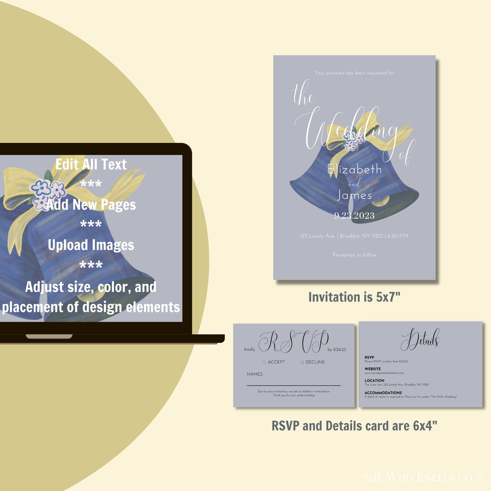 Modern Blue Wedding Bells Wedding Invitation Template, Blue Wedding ...