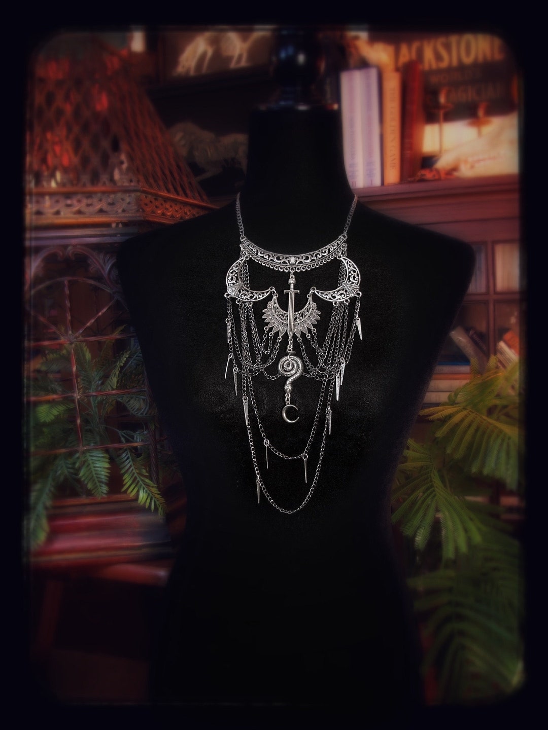 Gothic Bib Necklace With Sword, Snake, Crescent Moon, and Dripping ...