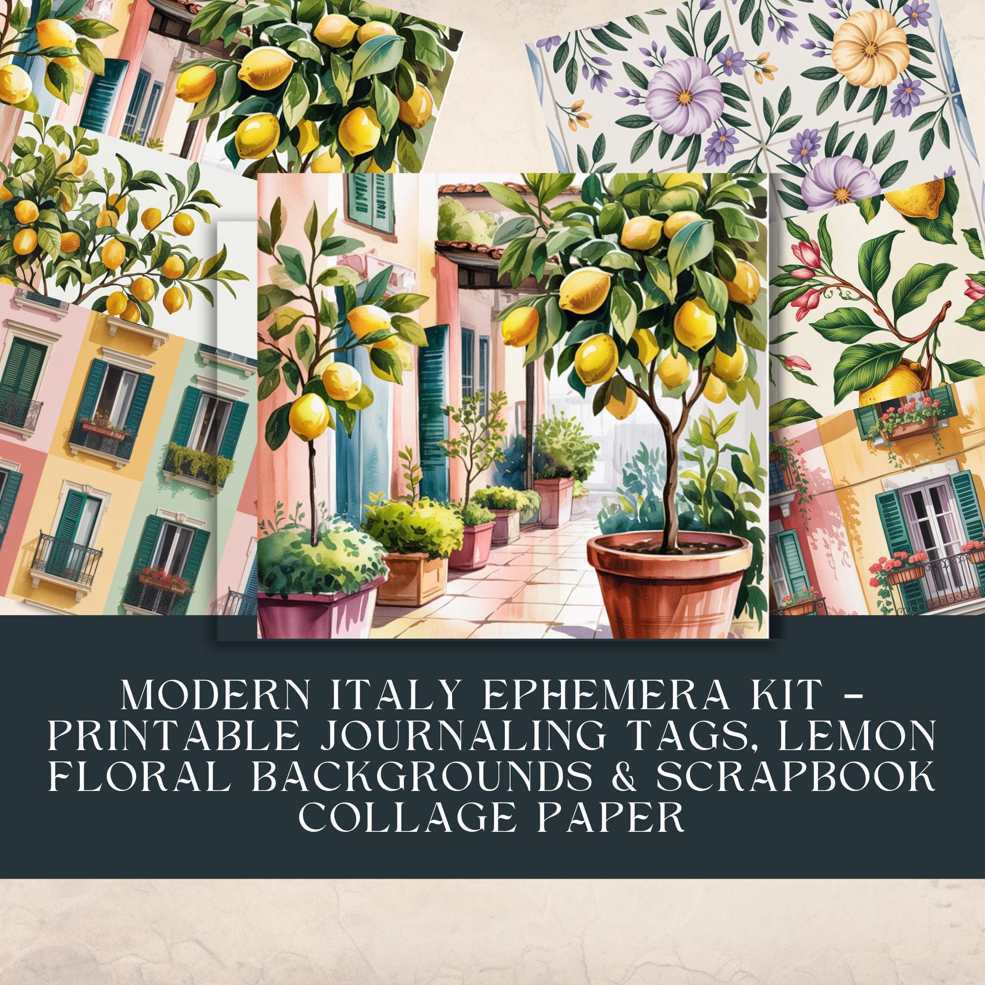 Modern Italy Ephemera Kit – Printable Journaling Tags, Lemon Floral ...