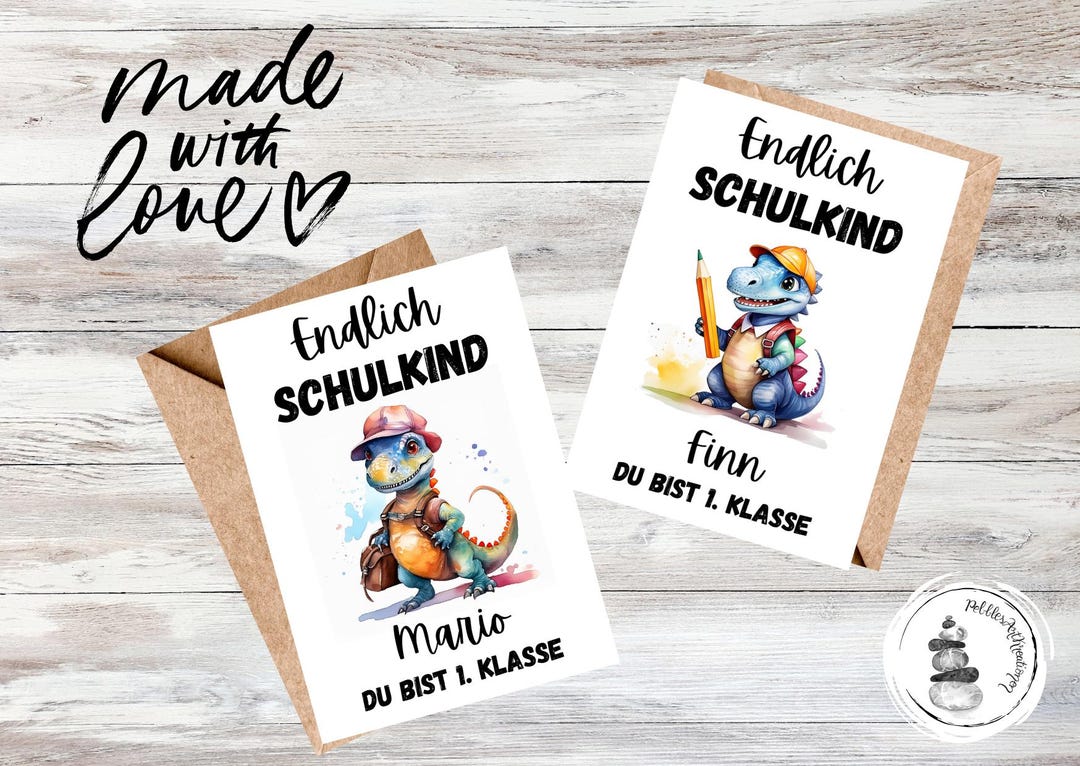 Karte zur Einschulung, Karte Einschulung personalisiert, Karte Einschulung Dino, Karte mit ...