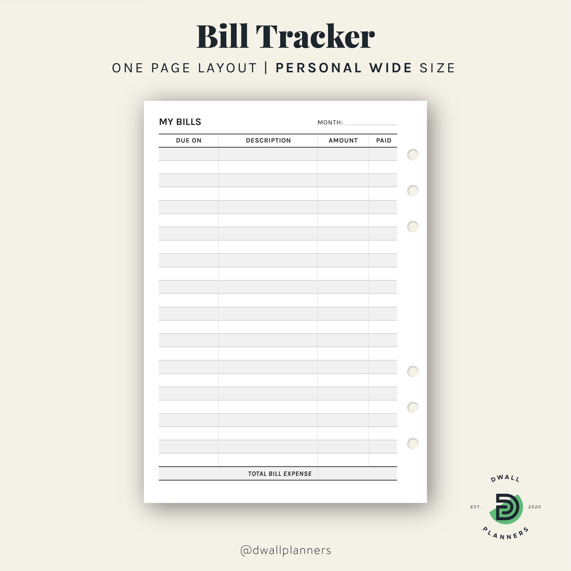 Bill Planner Template Bill Tracker Printable Insert in Personal Wide ...
