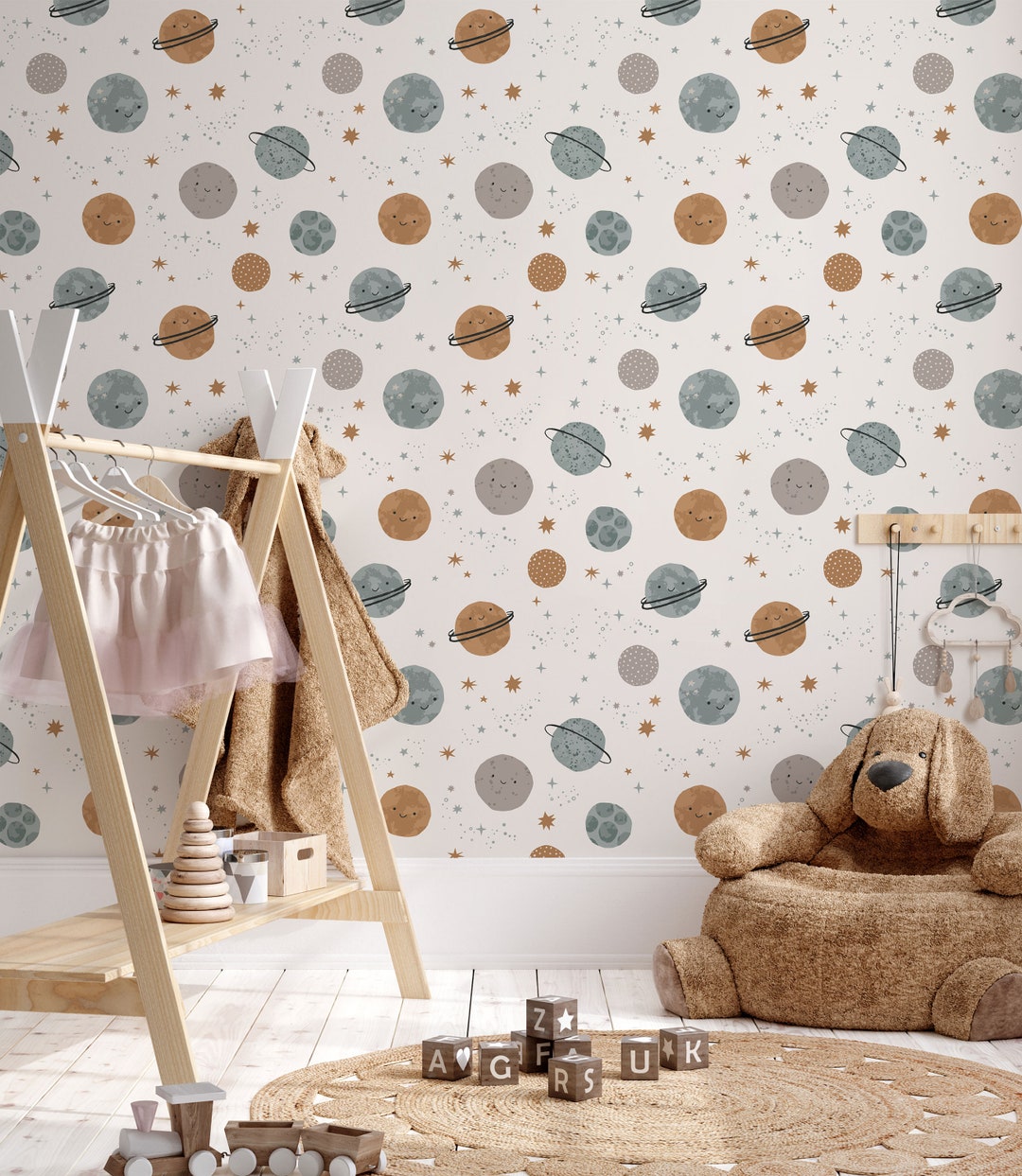 Beige Space Wallpaper | Smiley Planets Wall Art | Removable Self ...