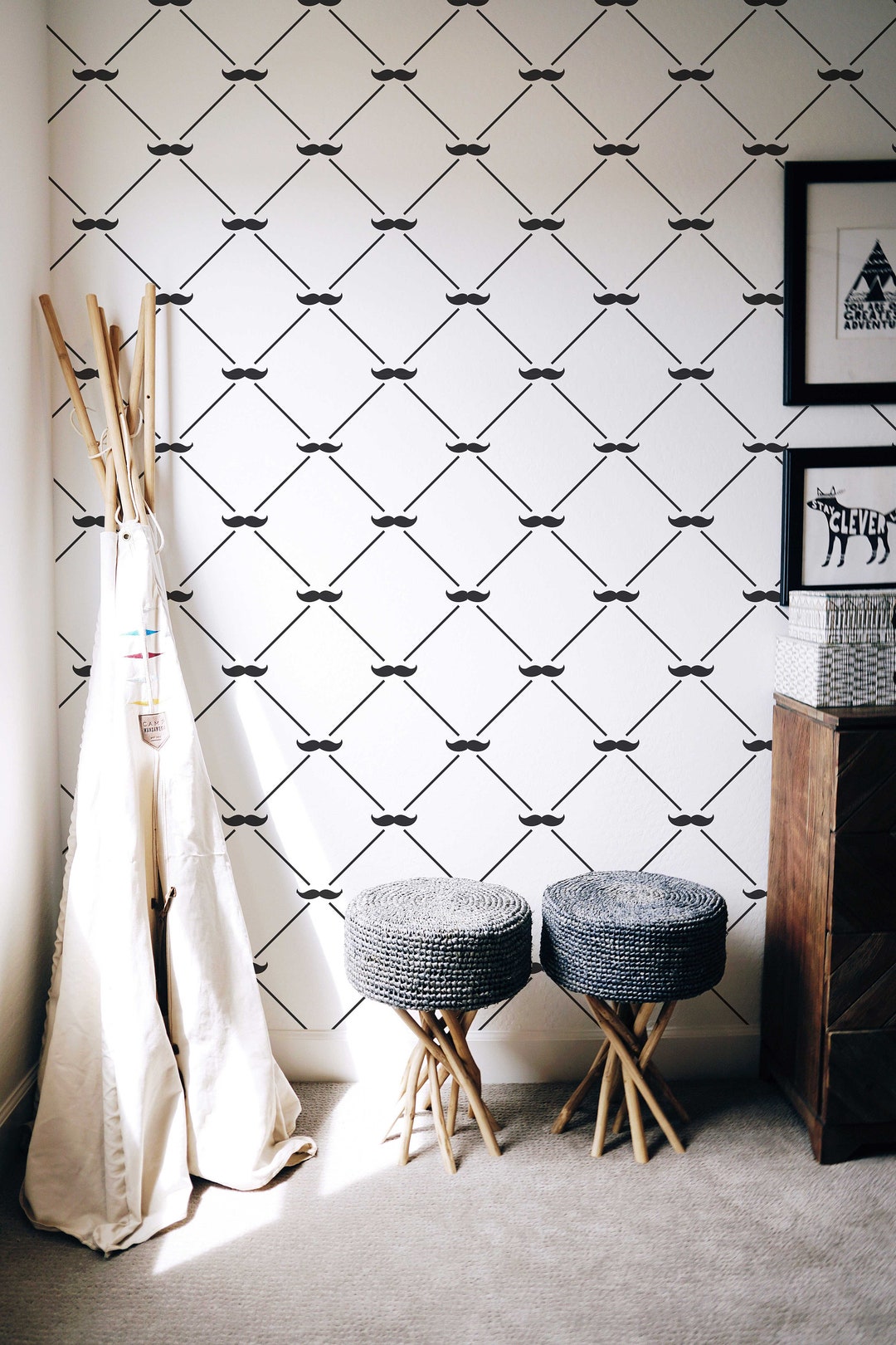 Moustache Wallpaper Peel and Stick Geometric Mural Retro Hipster Wall ...