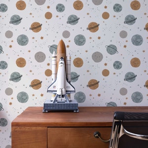 Smiley Planets Space Wallpaper Beige Nursery Wall Mural Removable Peel ...