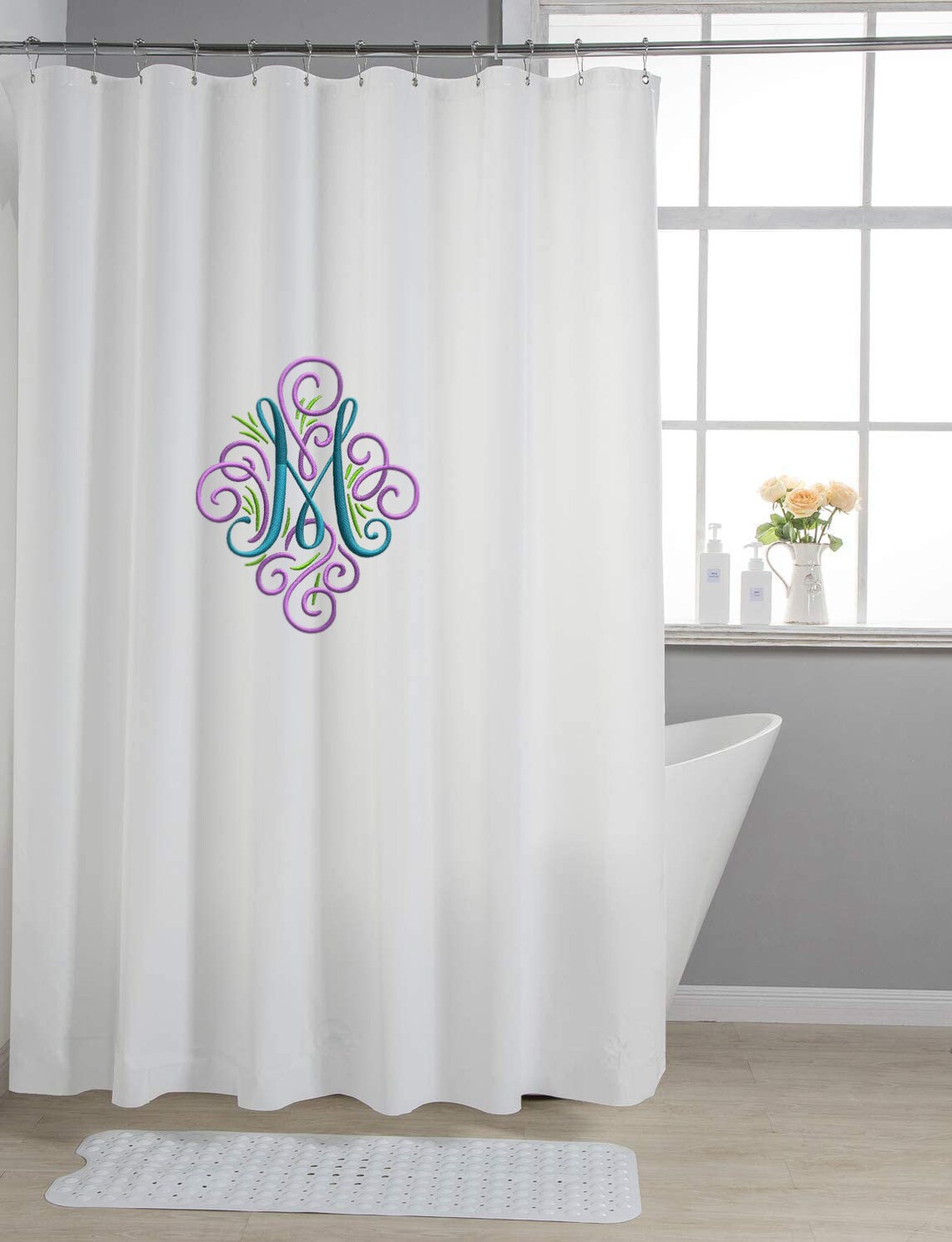 Embroidered Monogrammed Fabric Shower Curtain White Polyester - Etsy