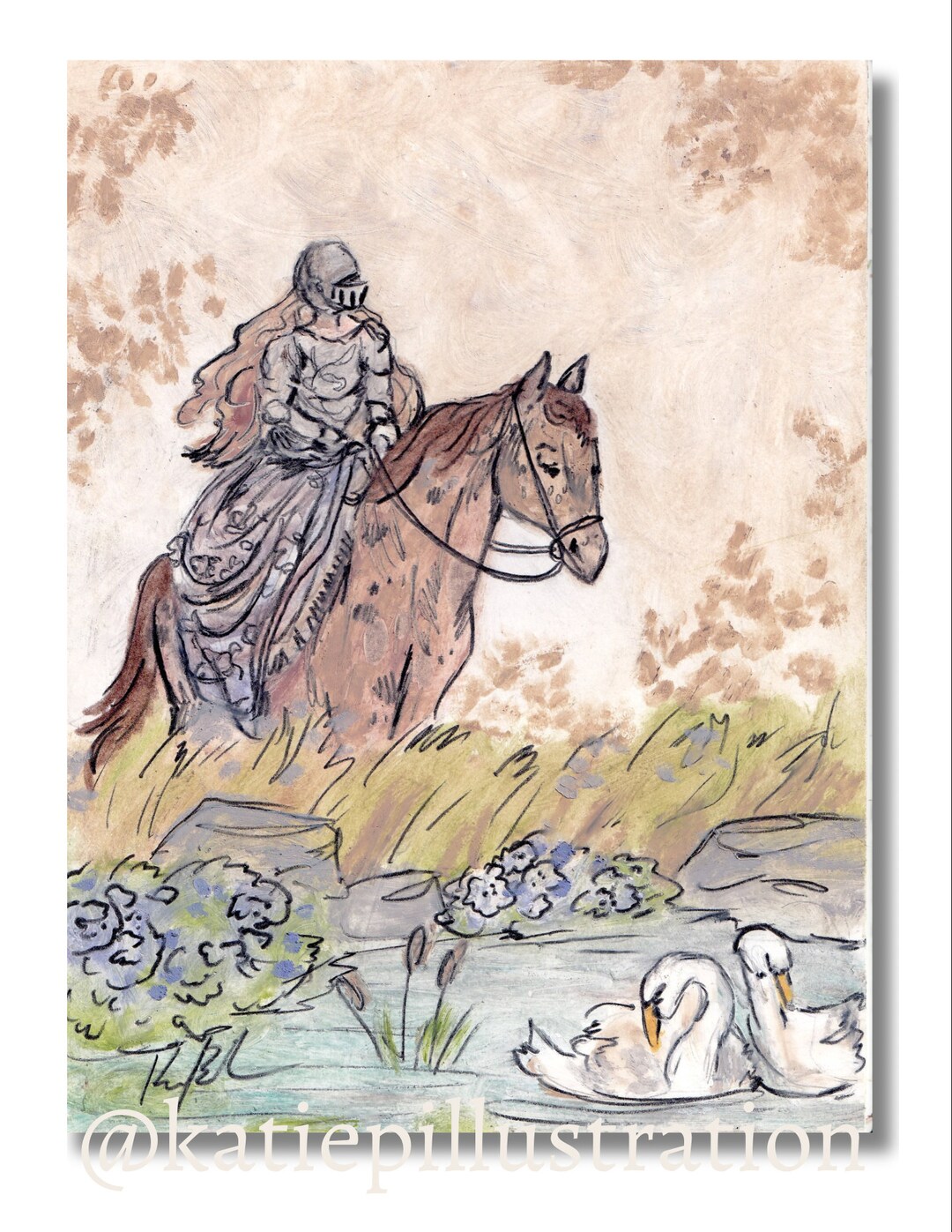 Lady Knight Swans on Pond Fantasy Art -PRINT - Etsy