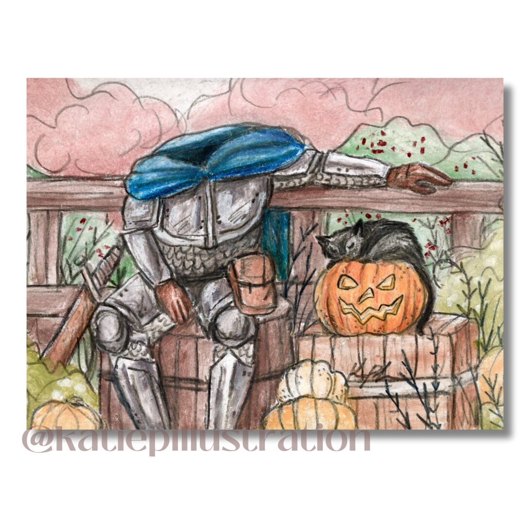 Pumpkin Head Horseman and Cat PRINT - Etsy