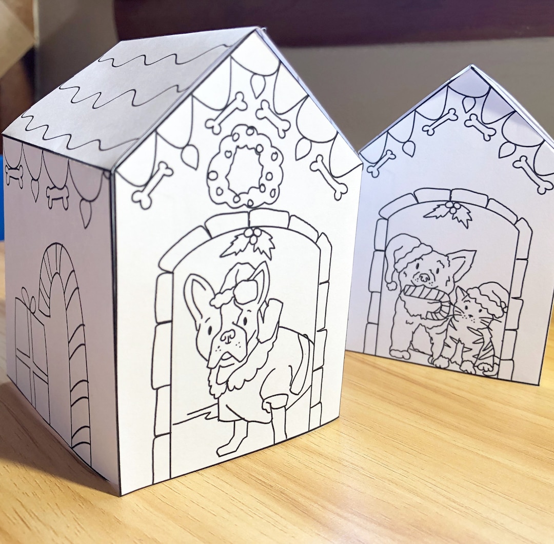 Christmas Dog House Coloring Page House - Set of 2 - Etsy