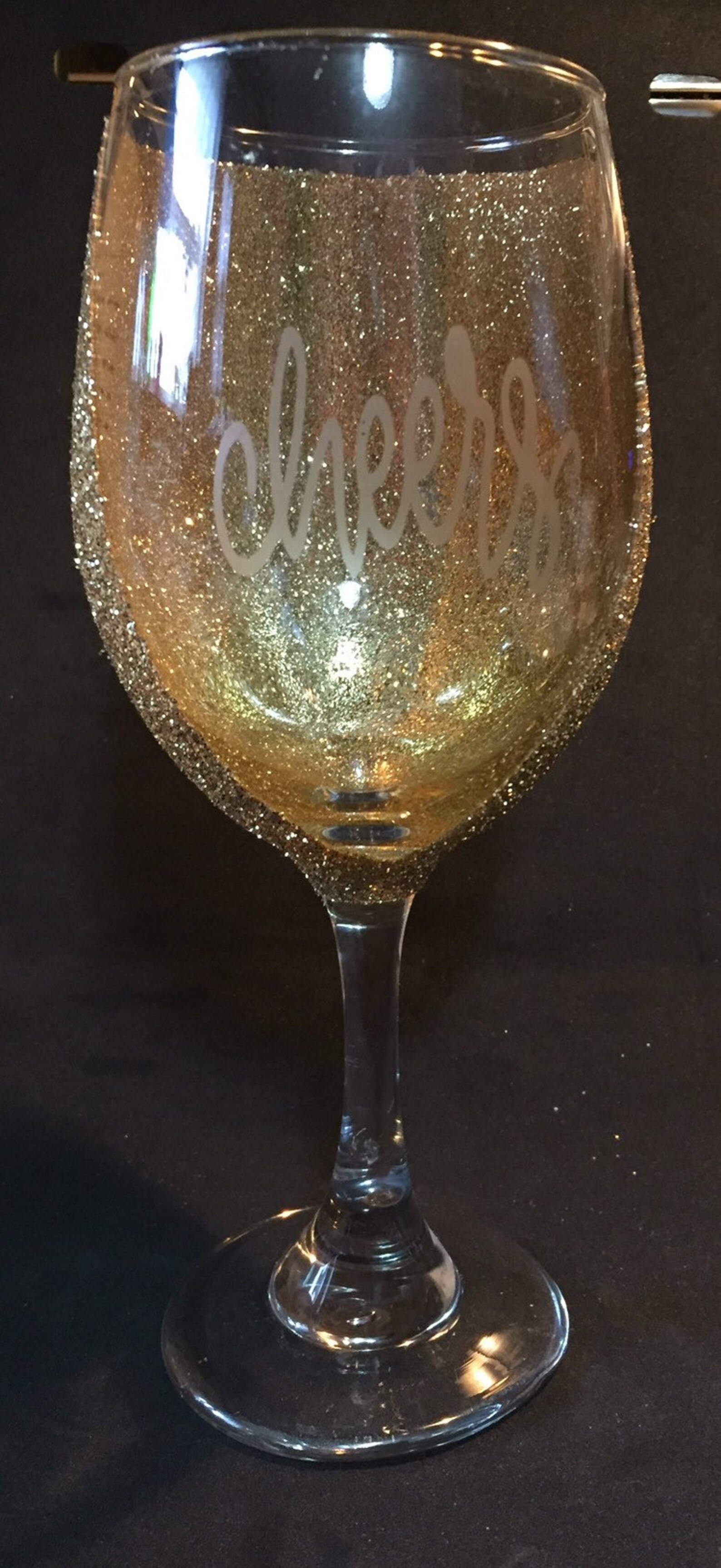 Large 175 Oz Gold Glitter Wine Glass With Cheers Etched Etsy