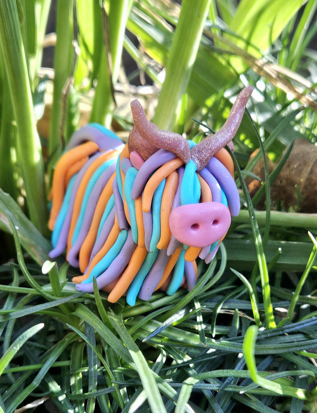 Colourful Highland Cow, Polymer Clay Animal, Plant Buddy, Highland Cow ...