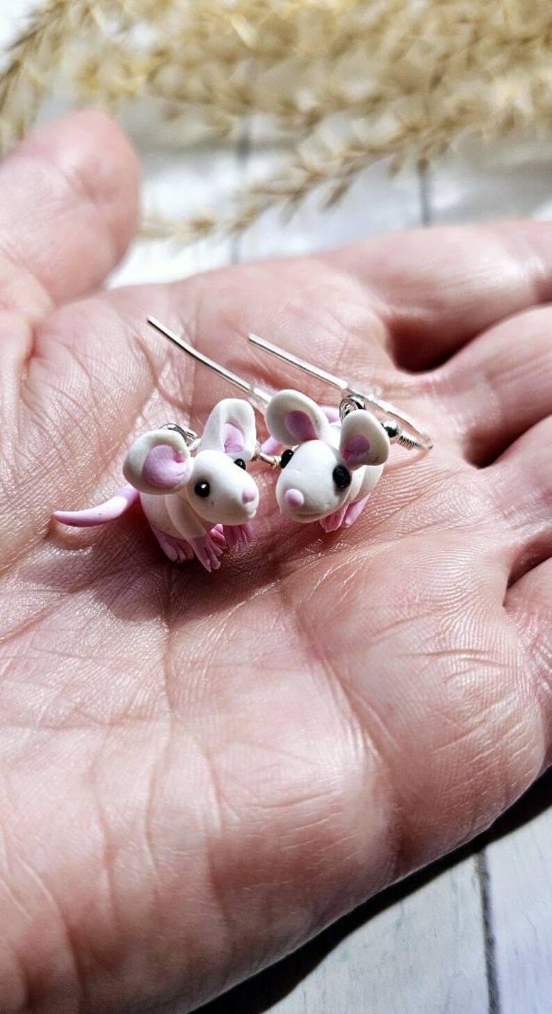 White Mice Earrings, Miniature Polymer Clay Mouse, Funky Earrings ...