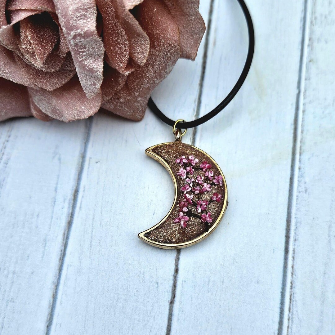 Handcrafted Cherry Blossom Crescent Moon Necklace, OOAK Pendent ...