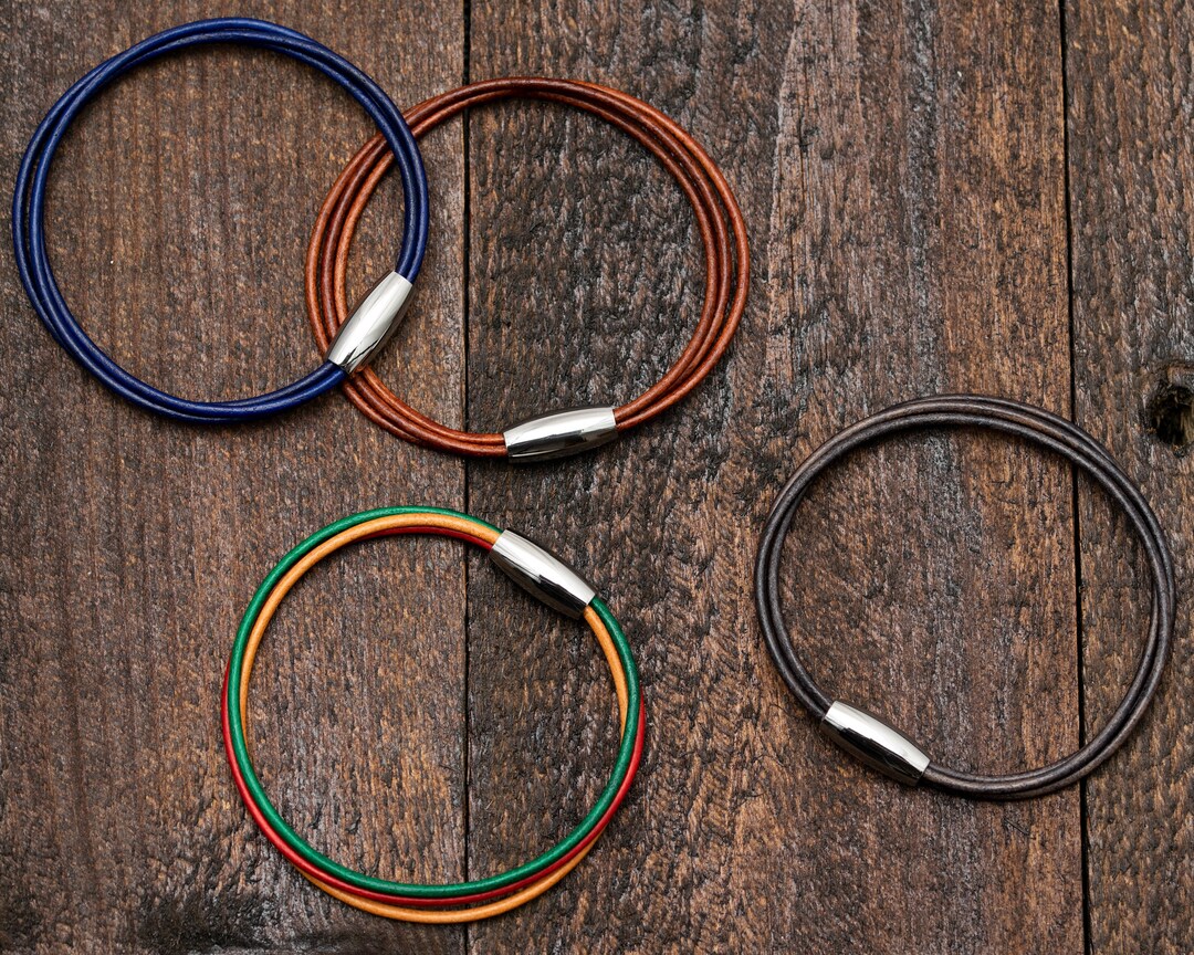 Leather Cord Bracelet Layered With Magnetic Polished Stainless Steel ...
