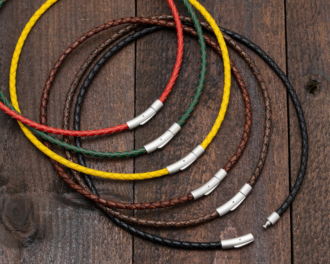 Leather Cord Necklace Braided Choker With Brushed Stainless Steel ...