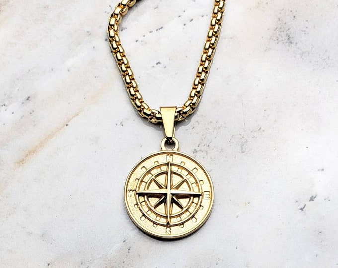 Men's gold COMPASS Medallion Necklace | Etsy