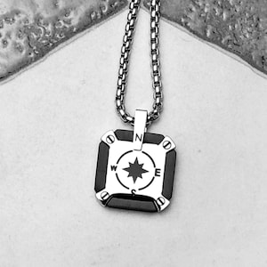 Men's carbon FIBER Compass Necklace Men's Silver Stainless Steel Black ...