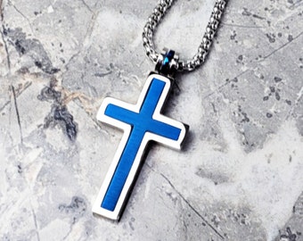 Men's blue STEEL Cross Necklace Men's Silver & Blue Stainless Steel ...
