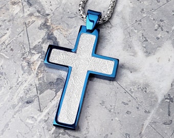 Men's blue STEEL Cross Necklace Men's Silver & Blue Stainless Steel ...