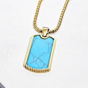 Men's TURQUOISE DOG TAG Necklace | Men's Turquoise Gemstone Inlay Gold ...