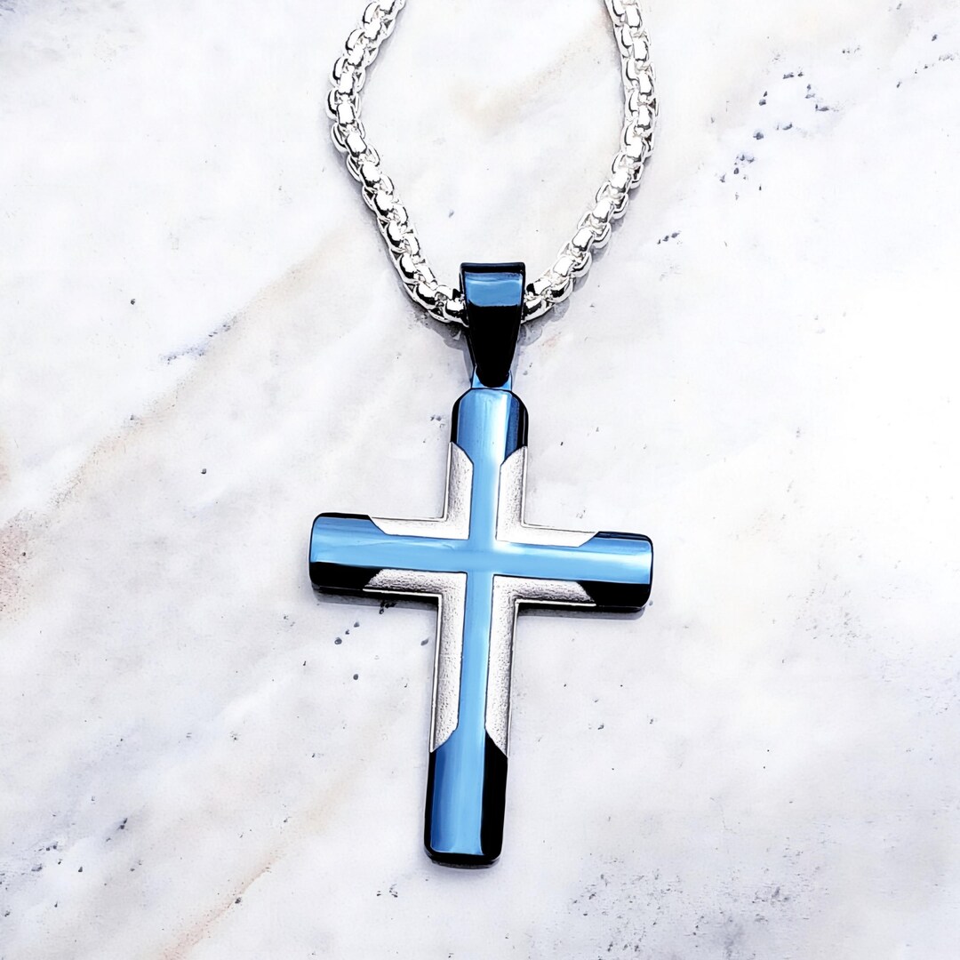 Men's "platinum BLUE Cross" Necklace| Men's Platinum Silver & Blue ...