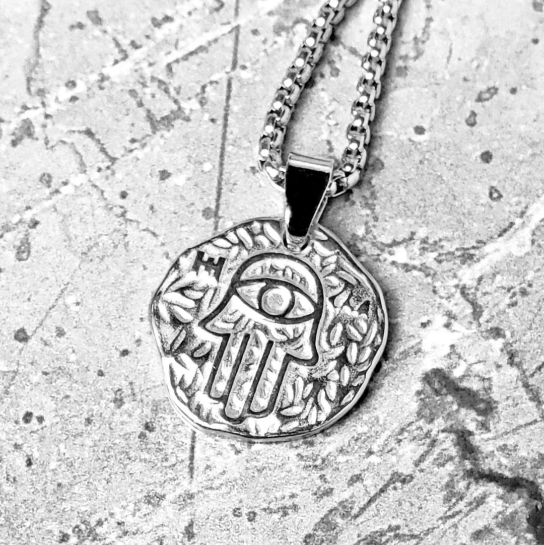 Men's RUSTIC HAMSA COIN Necklace | Men's Hammered Silver Stainless ...