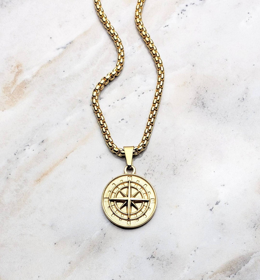 Mens Gold Compass Medallion Necklace Mens Gold Stainless Steel