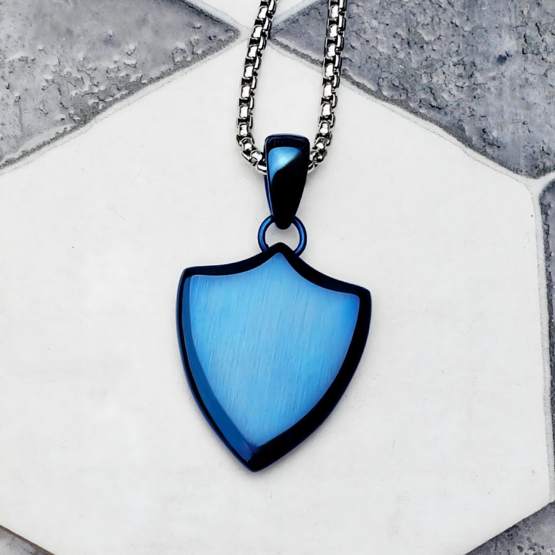 Men's BLUE SHIELD Necklace | Men's Matte Blue Stainless Steel Shield ...