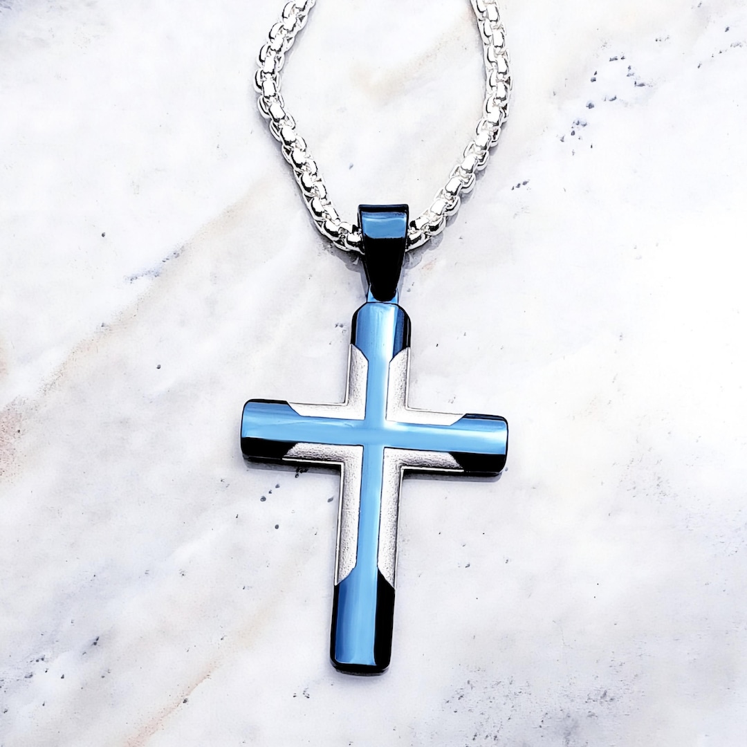 Men's PLATINUM BLUE CROSS Necklace | Men's Blue & Platinum Silver ...