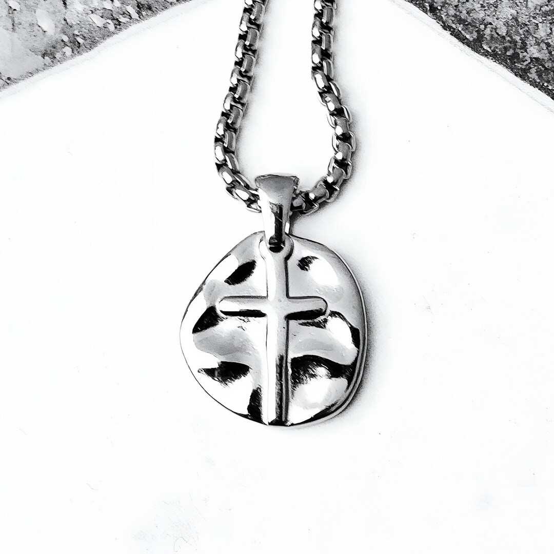 Men's RUSTIC CROSS COIN Necklace | Men's Hammered Silver Stainless ...
