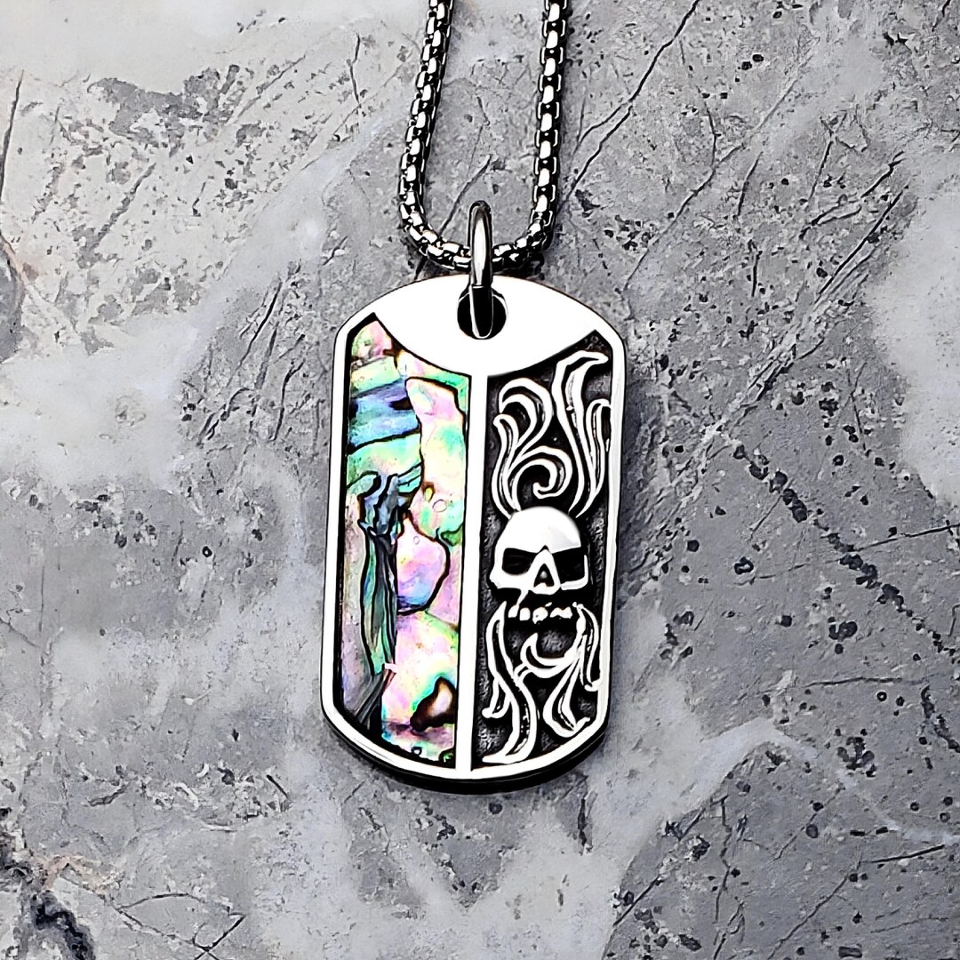 Men's ABALONE SKULL TAG Necklace | Men's Abalone Shell Inlay Silver ...