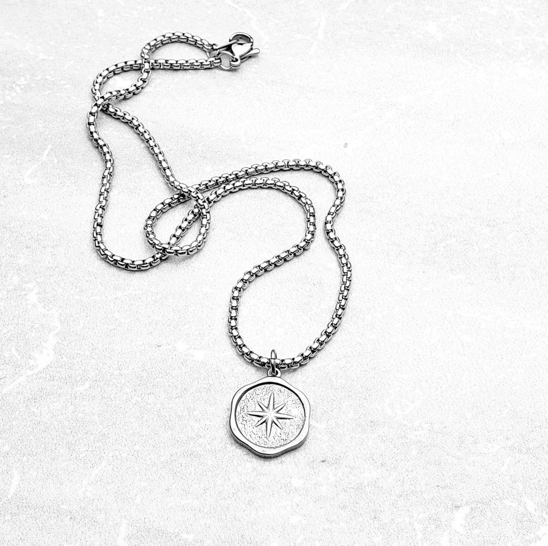 Men's north STAR Coin Necklace Men's Hammered Silver Stainless Steel ...