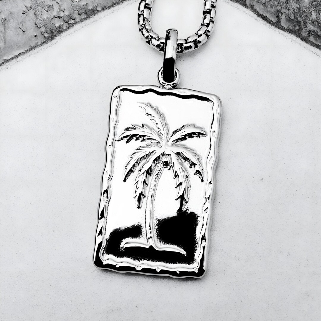 Men's PALM TREE TAG Necklace | Men's Silver Stainless Steel Palm Tree ...