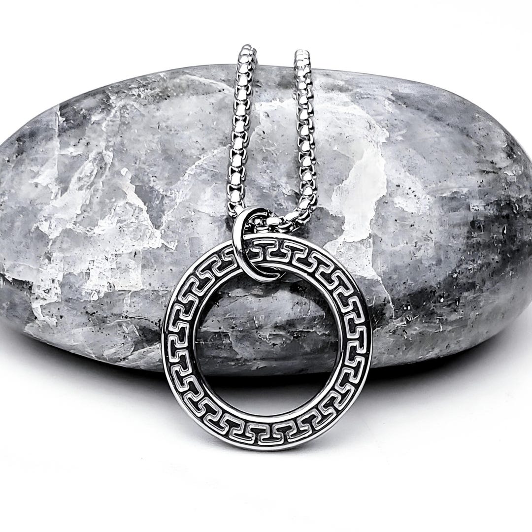 Men's GREEK KEY RING Necklace | Men's Silver Stainless Steel Greek Key ...