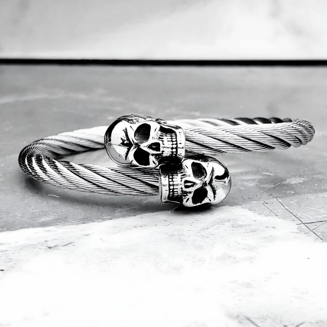 Men's SKULLS WIRE CUFF Bracelet | Men's Silver Stainless Steel Skulls ...