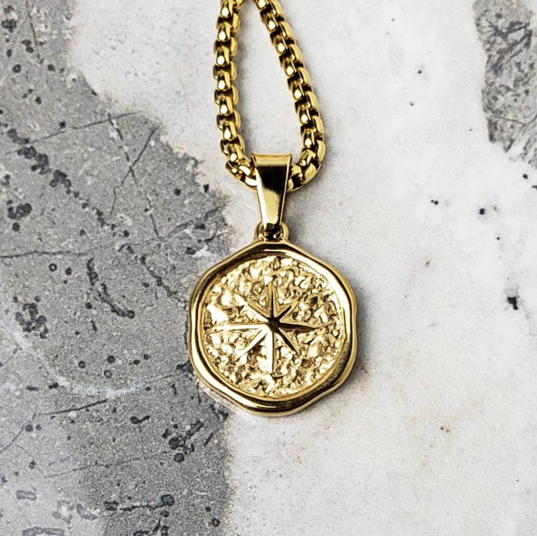 Men's NORTH STAR COIN Necklace | Men's Hammered Gold Stainless Steel ...