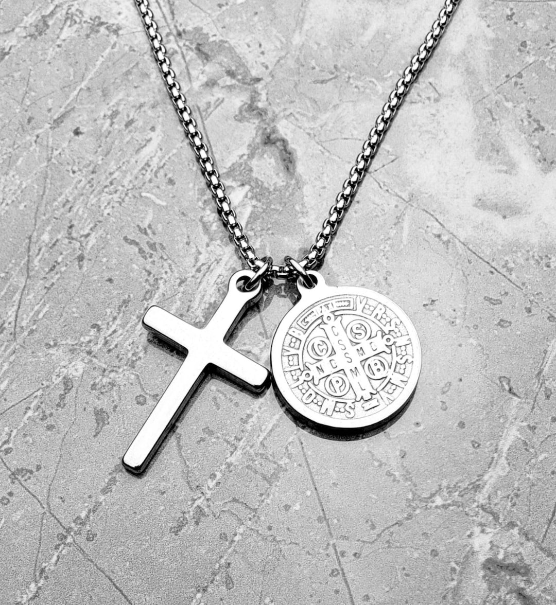 Men's silver SAINTS Cross Necklace Men's Silver Stainless Steel Cross ...