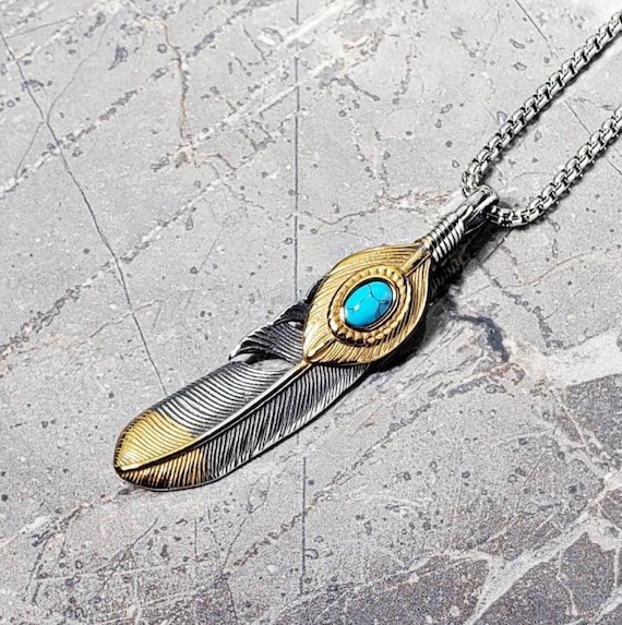 Men s tribal TURQUOISE Feather Necklace Men s Silver Gold Stainless Steel Turquoise Gemstone Tribal Eagle Feather Pendant Necklace Etsy Canada
