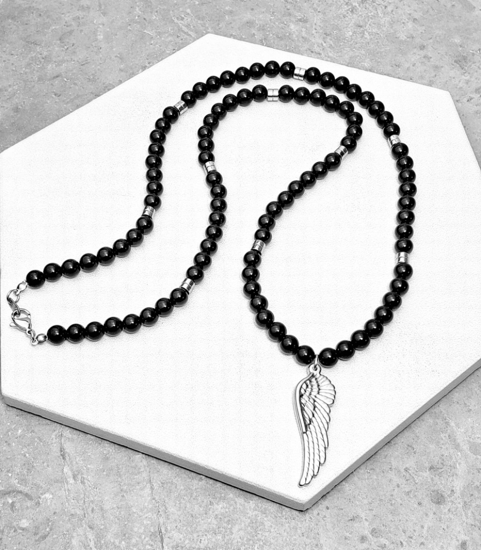 Men's ONYX ANGEL WING Necklace | Men's Silver Stainless Steel Angel ...