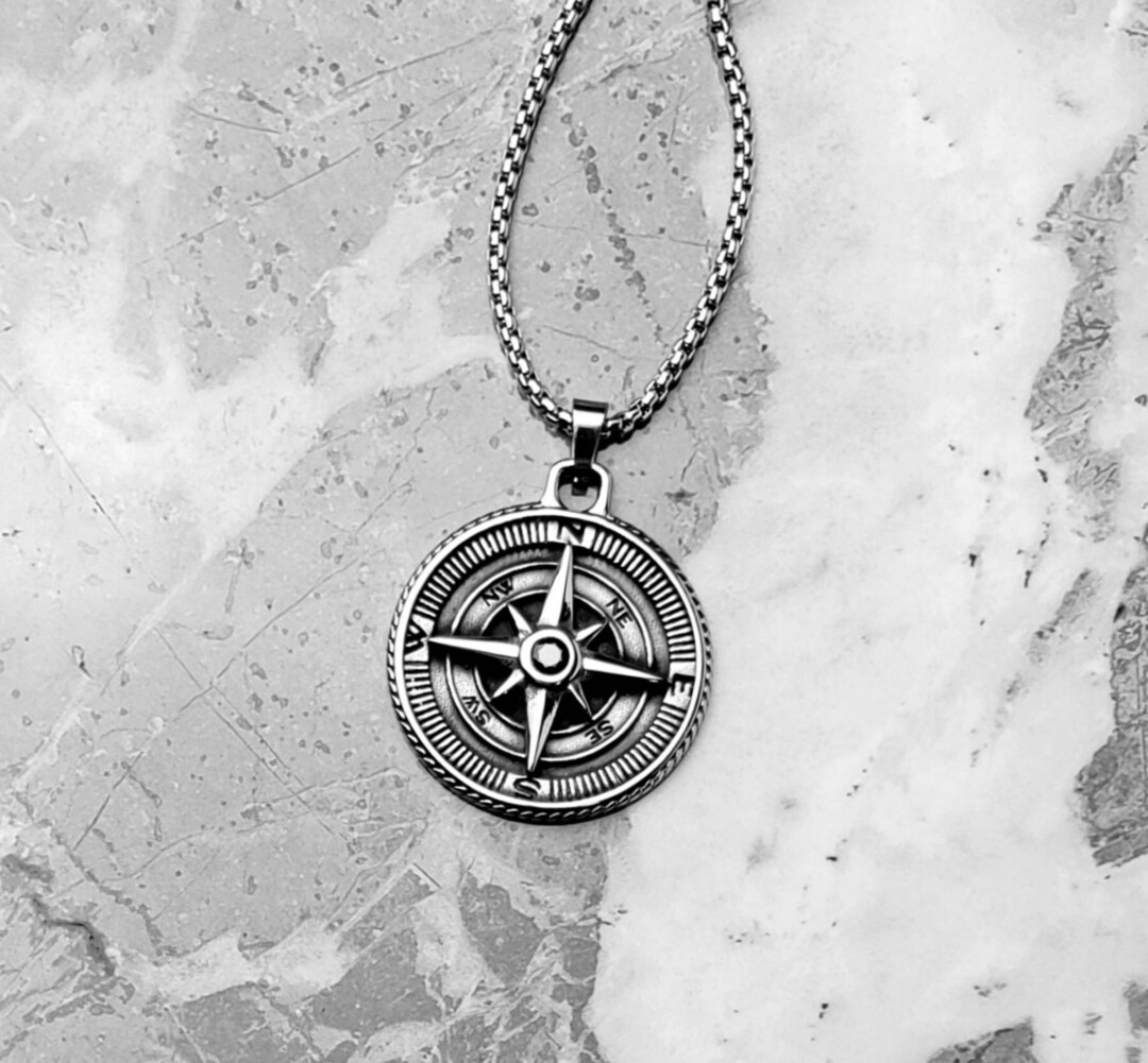 Men's silver ONYX Compass Necklace Men's Silver Stainless Steel Onyx ...