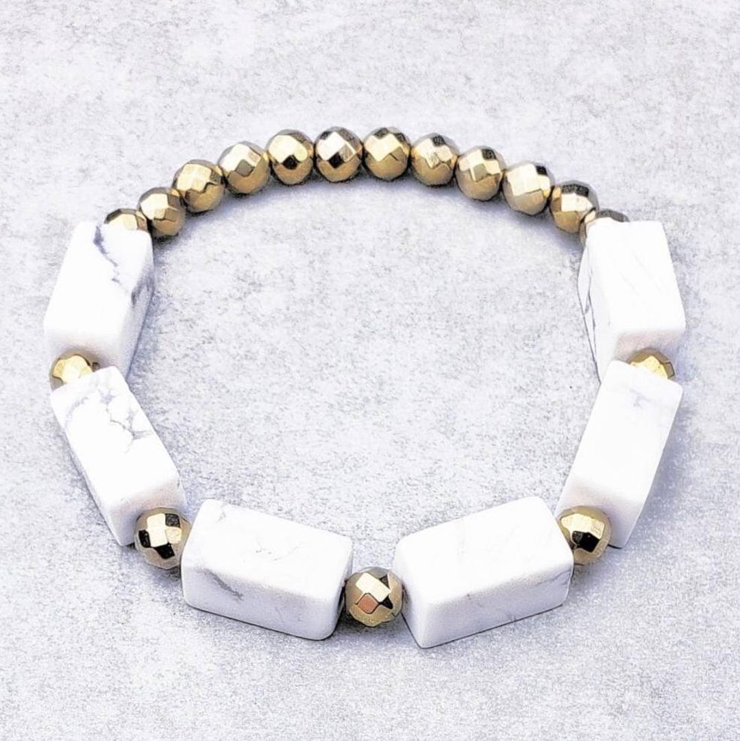 Men's WHITE STONE BRICK Bracelet | Men's Gold Hematite Gemstones White ...