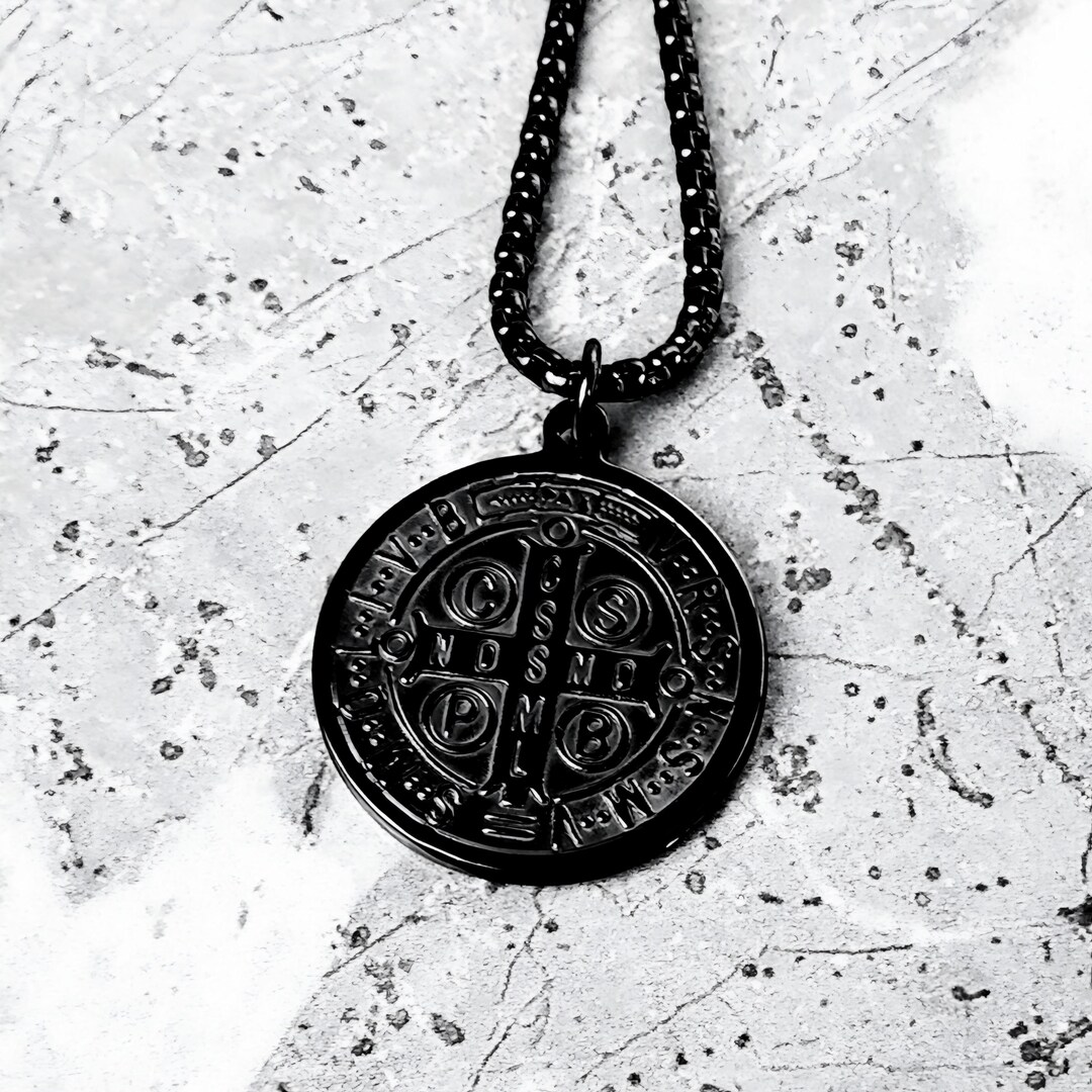 Men's "saint BENEDICT Coin" Necklace| Mens Black Stainless Steel Saint ...
