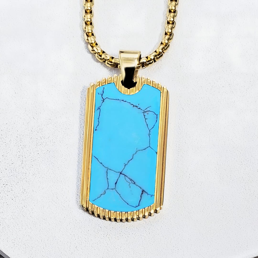 Men's TURQUOISE DOG TAG Necklace | Men's Turquoise Gemstone Inlay Gold ...