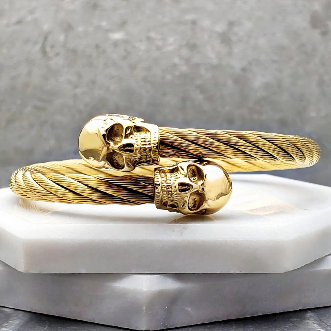 Men's SKULLS WIRE CUFF Bracelet | Men's Gold Stainless Steel Skulls ...