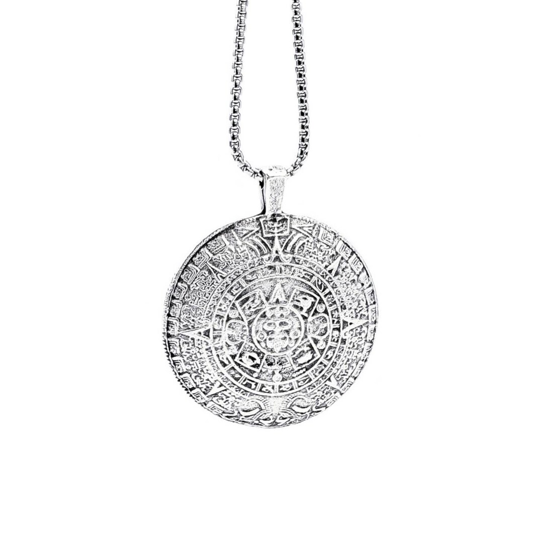Men's aztec Medallion Necklace Men's Oxidized Silver Pewter Aztec Sun ...