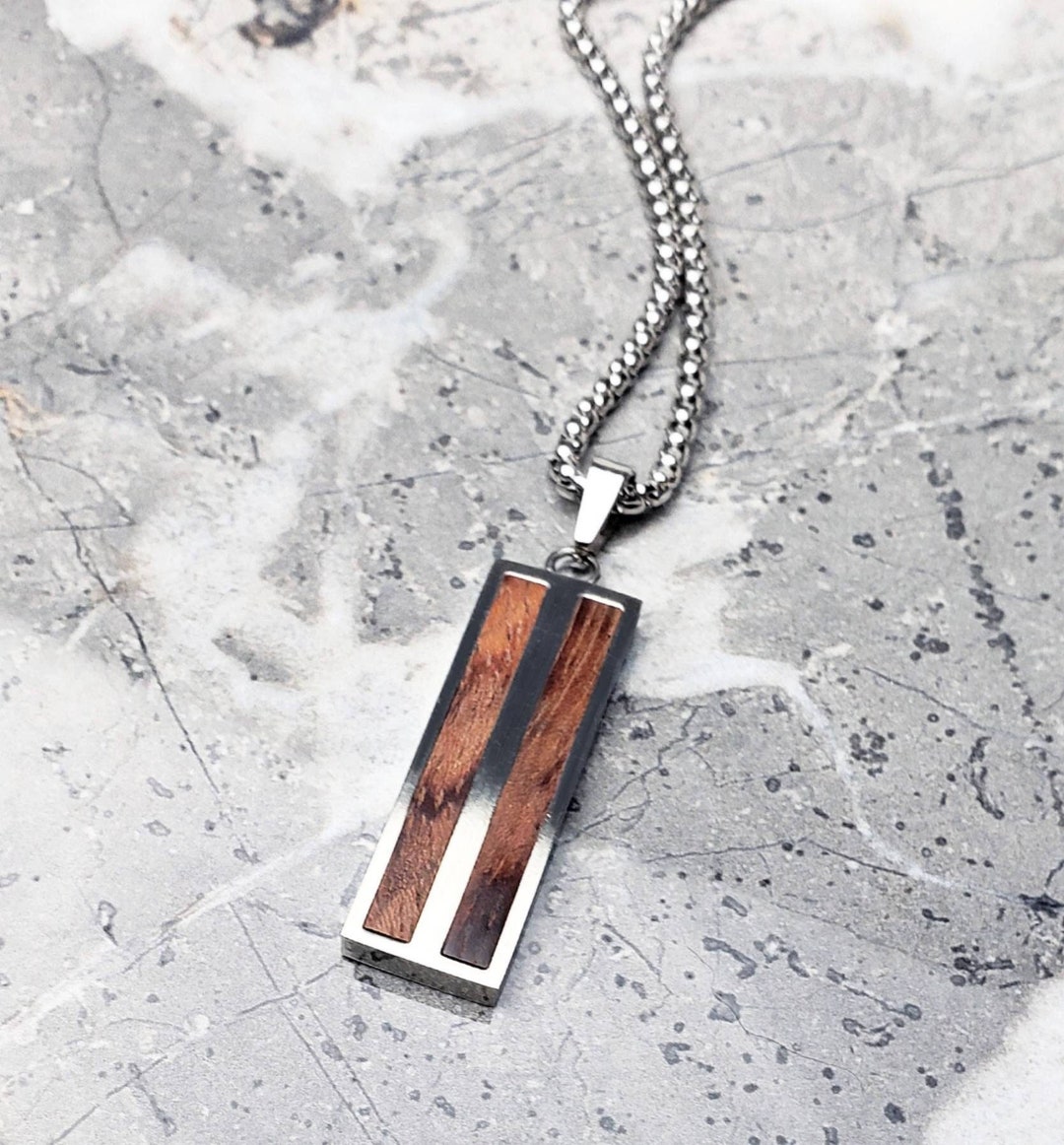 Men's WOODGRAIN BAR TAG Necklace | Men's Woodgrain Inlay Matte Silver ...