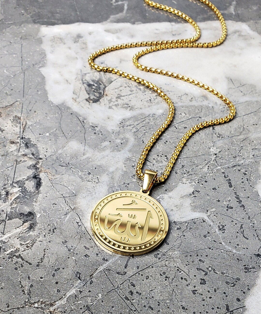 Men's gold ALLAH Medallion Necklace Men's Gold Stainless Steel Muslim ...