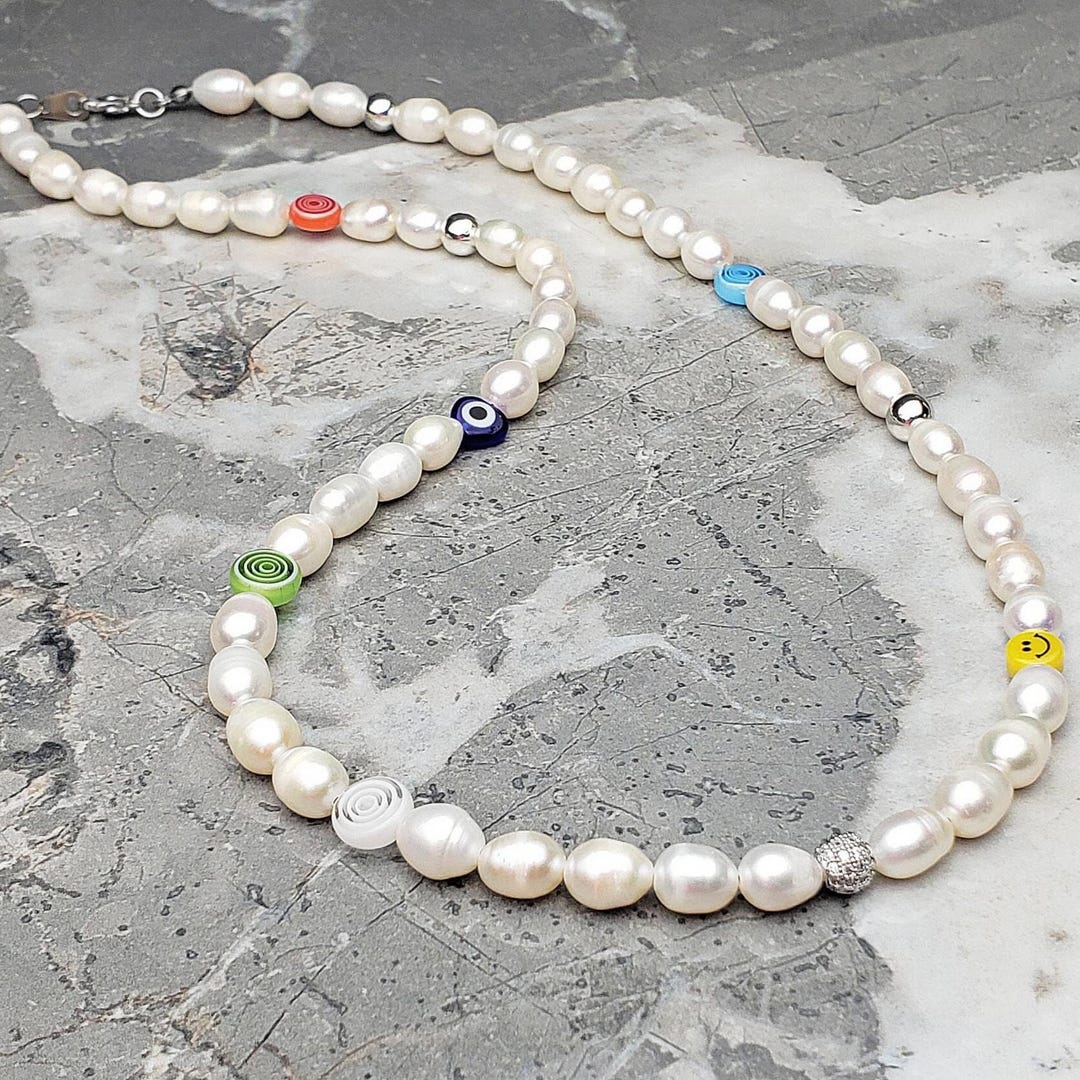 Men's SMILEY FACE PEARLS Necklace | Men's Multicolor Millefiori Evil ...